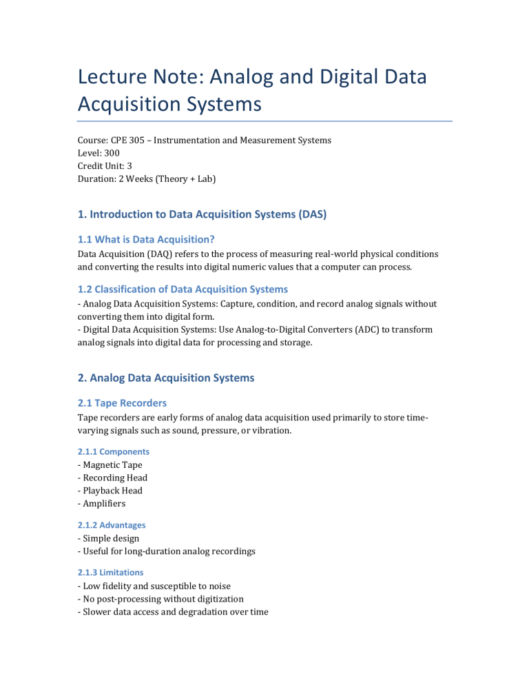 Analog & Digital Data Acquisition Systems Lecture Note