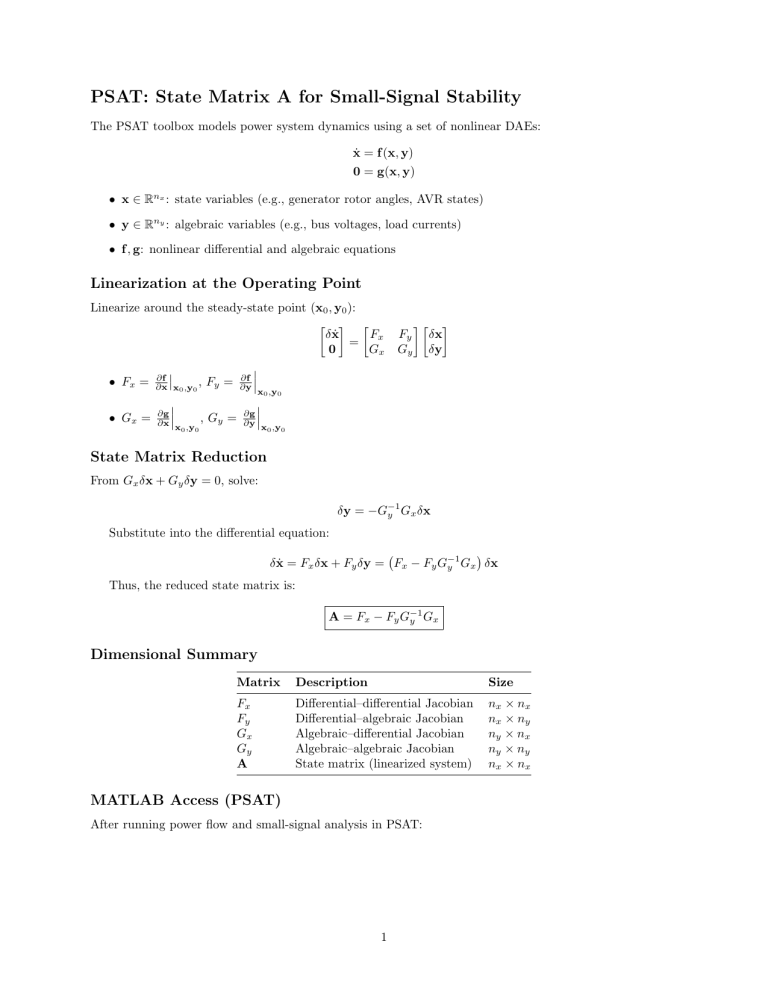 PSAT State Matrix: Small-Signal Stability Analysis
