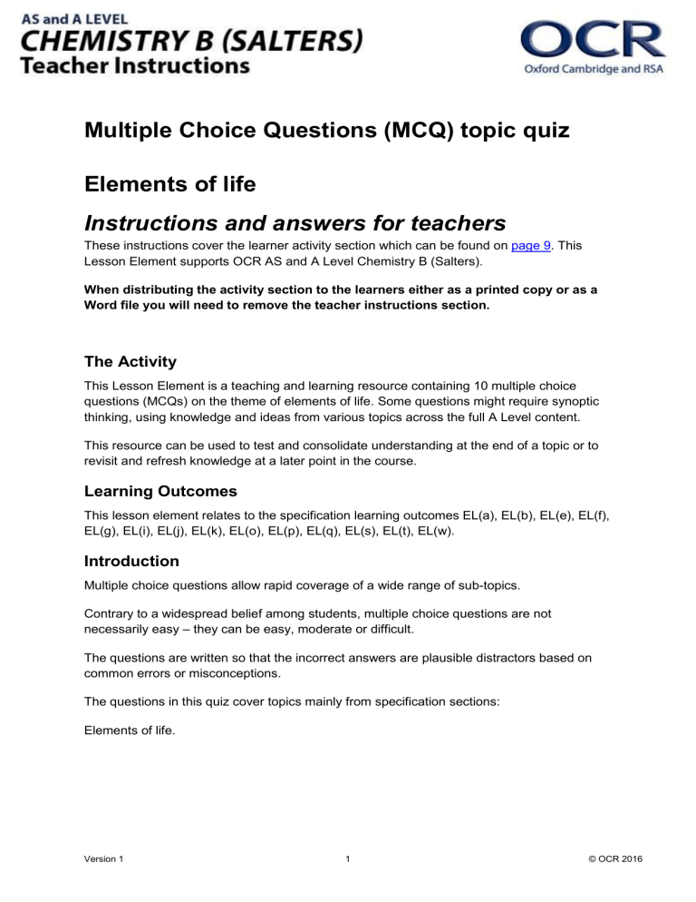 Chemistry: Elements of Life MCQ Quiz & Teacher Instructions