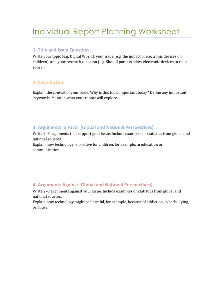 Report Planning Worksheet: Digital World & Children