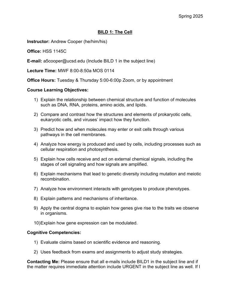 BILD 1: The Cell - Course Syllabus, Spring 2025