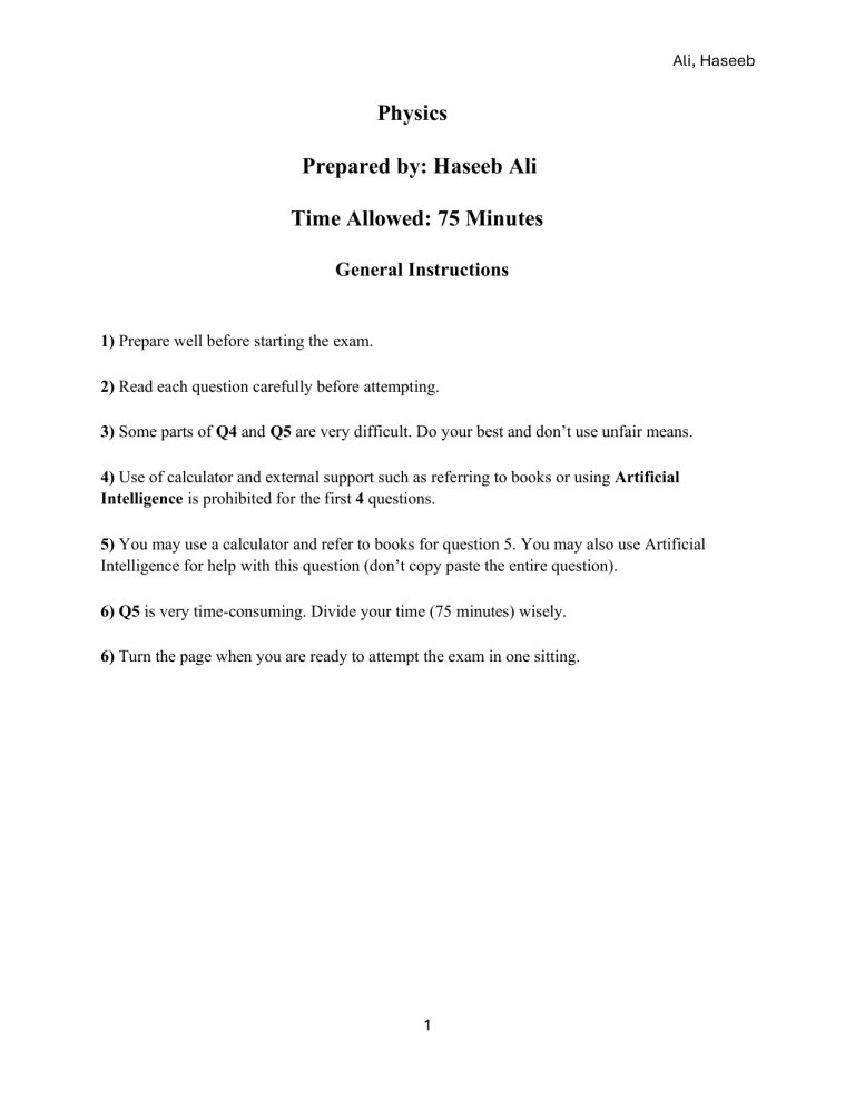 Physics Exam: Scalars, Vectors, and Motion