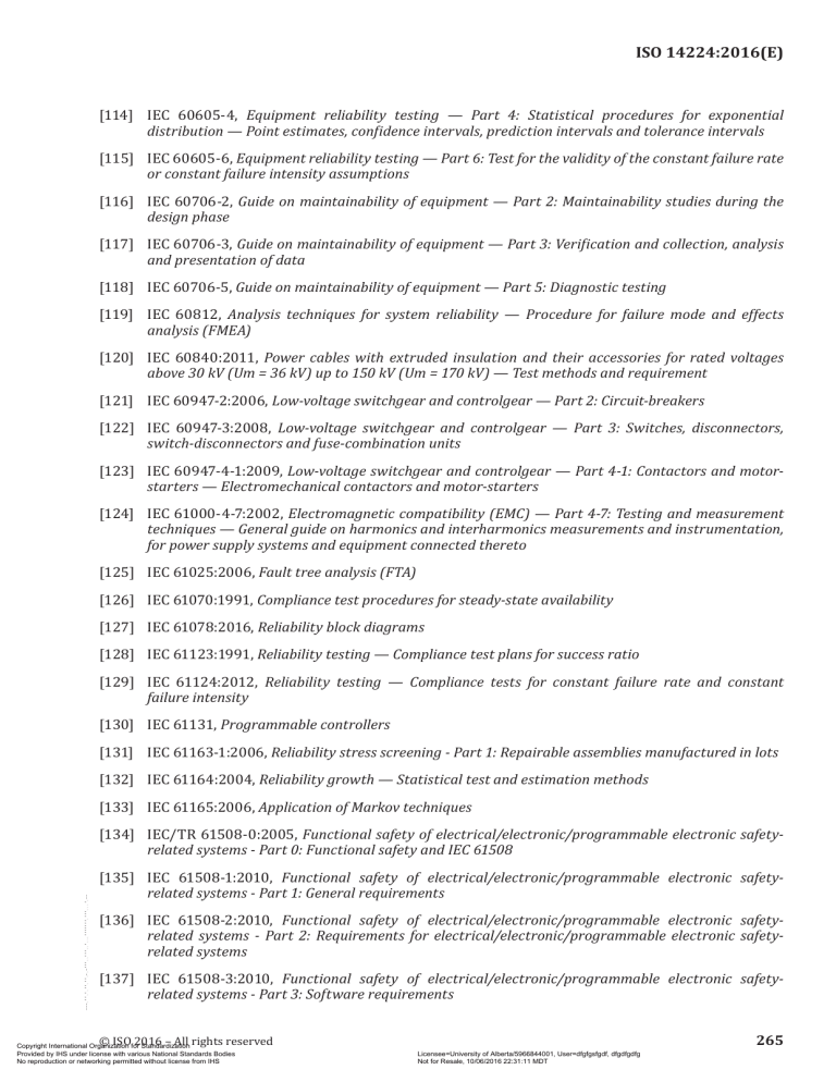ISO 14224:2016 Equipment Reliability Standards List