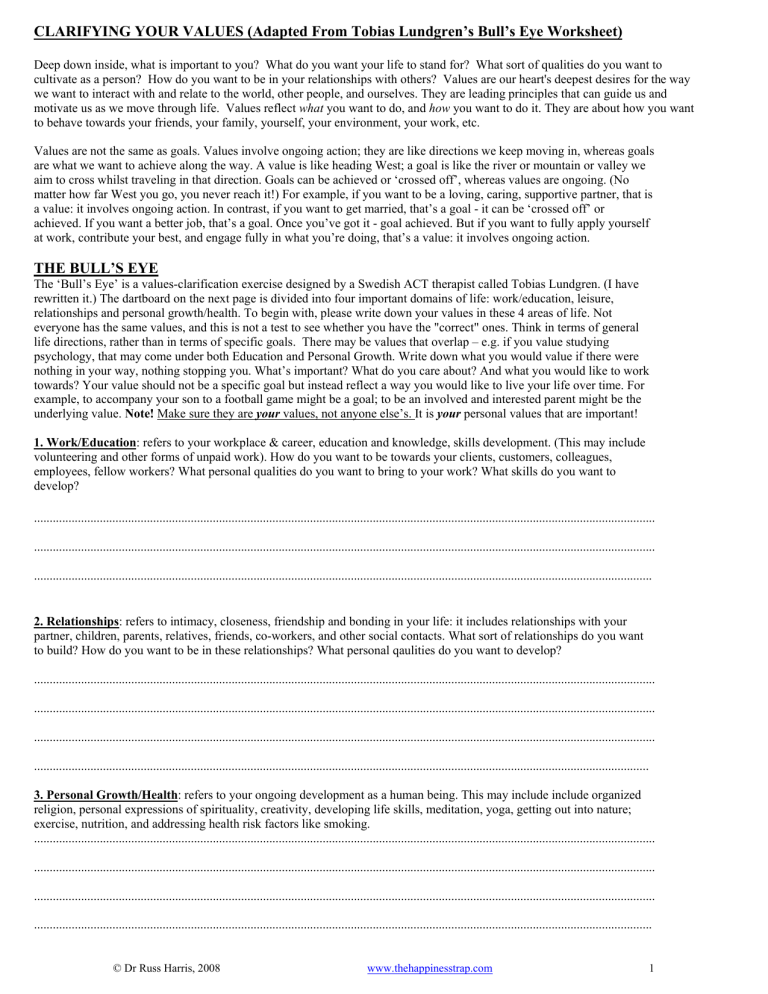 Values Clarification Worksheet: The Bull's Eye Exercise