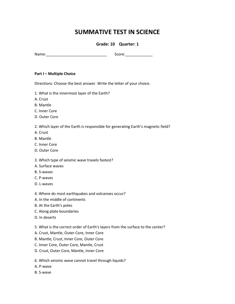 Grade 10 Science Summative Test: Earth's Layers & Plate Tectonics