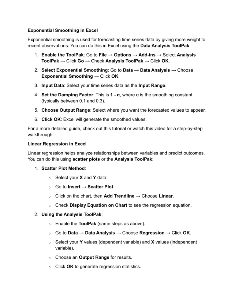 Excel Forecasting Exponential Smoothing And Linear Regression Guide