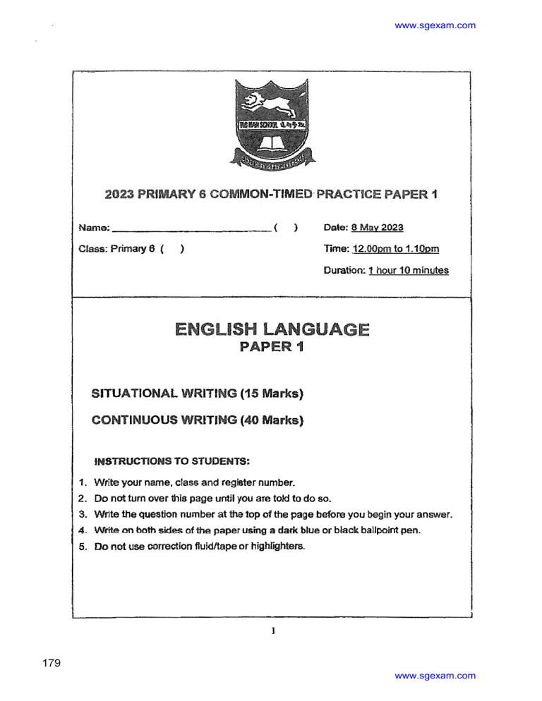 Primary 6 English Exam Paper - Situational & Continuous Writing