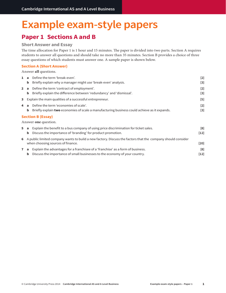 Cambridge A Level Business Exam Paper Example