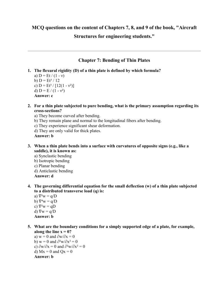 Aircraft Structures MCQs: Bending, Columns, Thin Plates