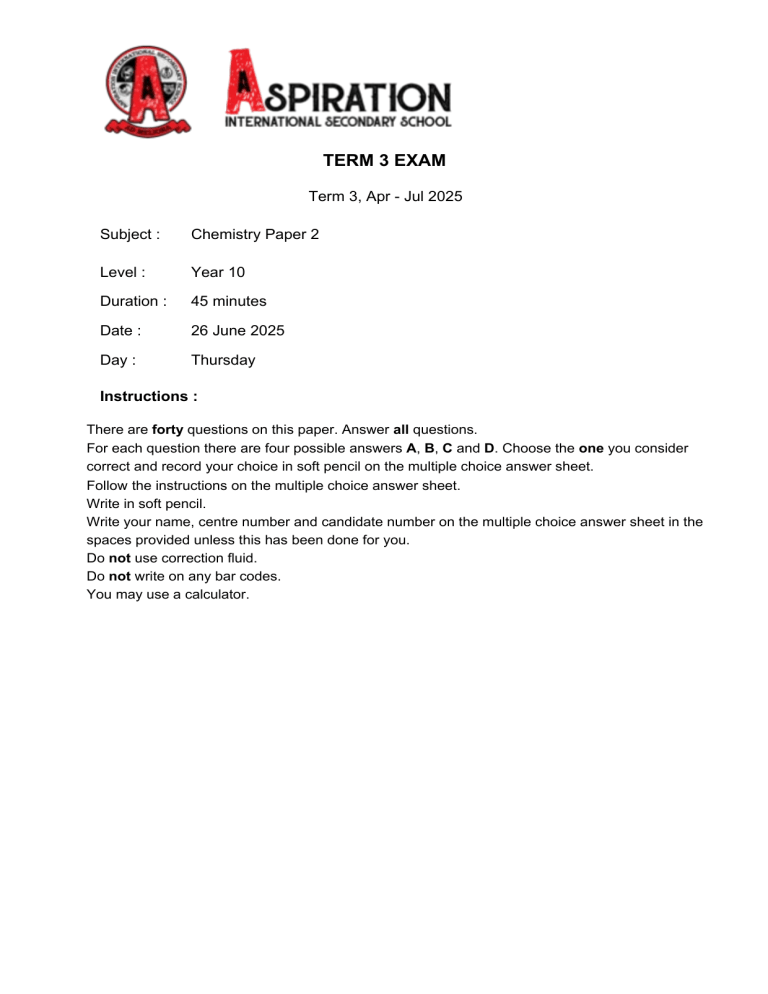 Year 10 Chemistry Exam Paper 2 - Term 3