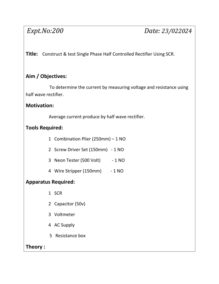 SCR Half-Controlled Rectifier Lab Experiment