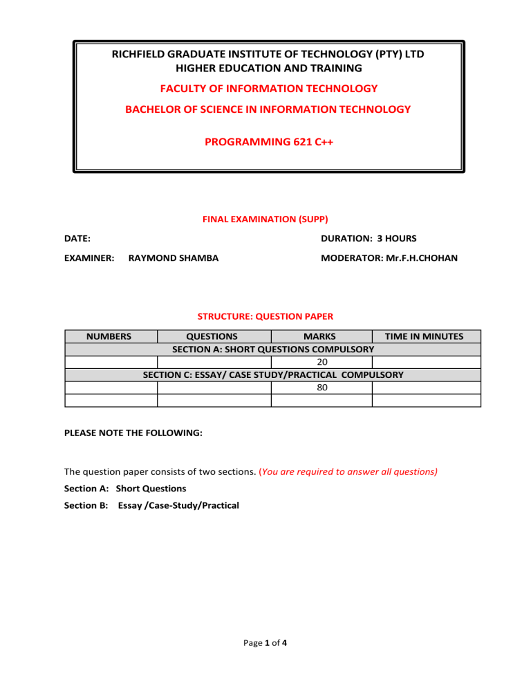 C++ Programming Exam: BSc IT - Richfield Institute