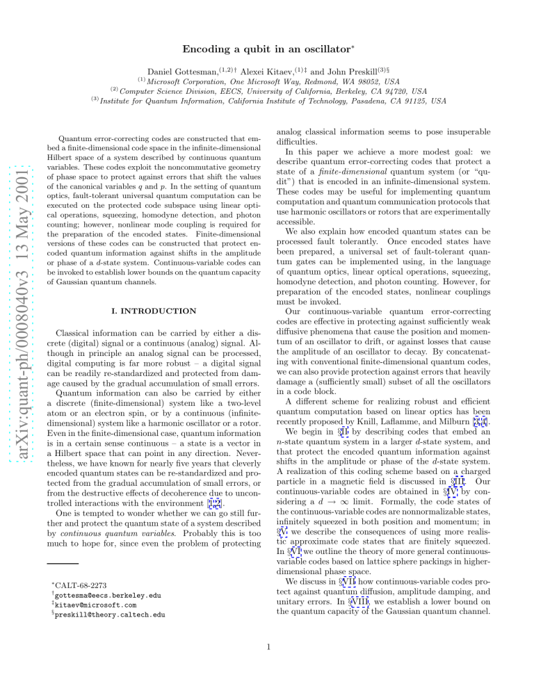 Qubit Encoding in an Oscillator: Quantum Error Correction