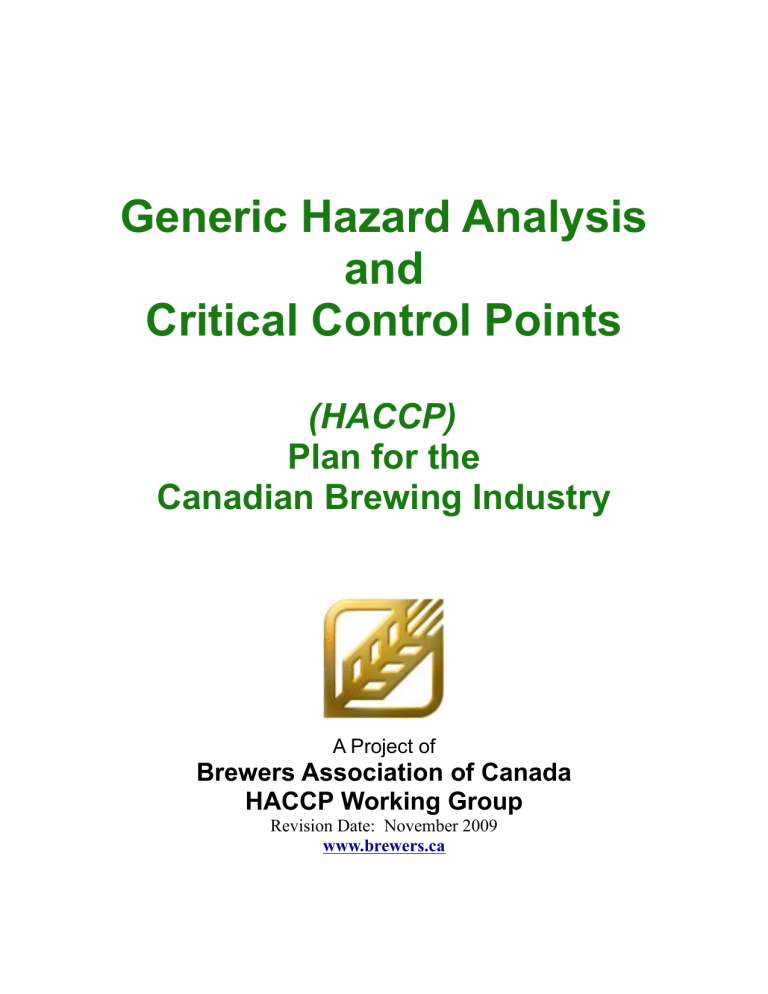 HACCP Plan for Canadian Brewing Industry