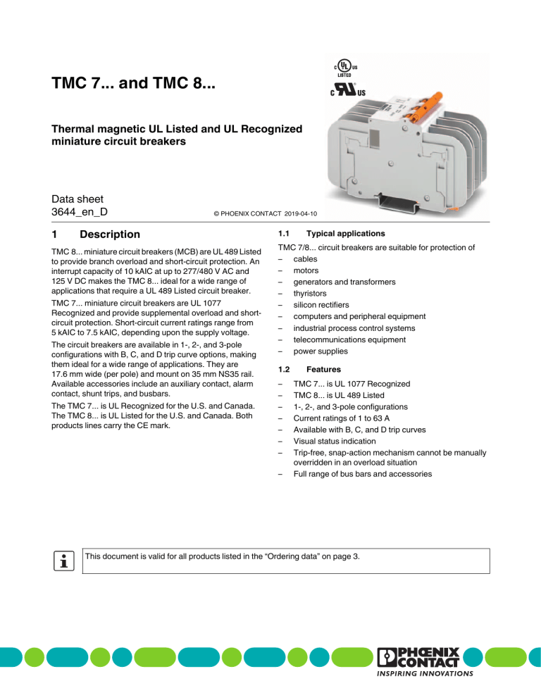 TMC 7 & TMC 8 Miniature Circuit Breakers Data Sheet