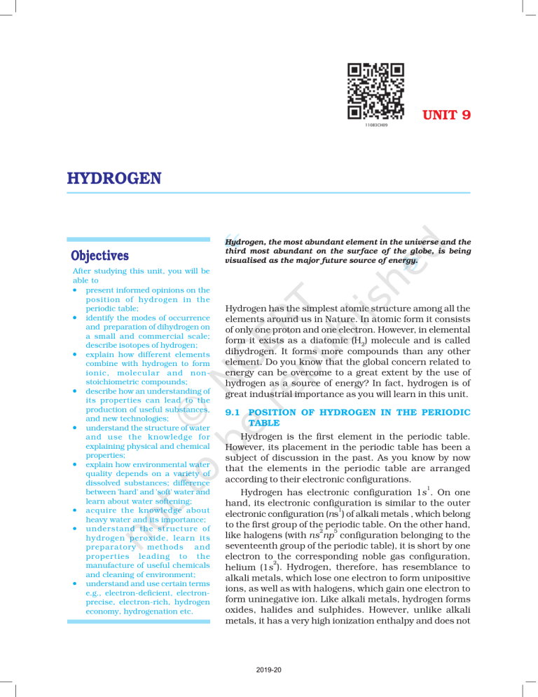 Hydrogen Chemistry: Periodic Table, Isotopes, Properties