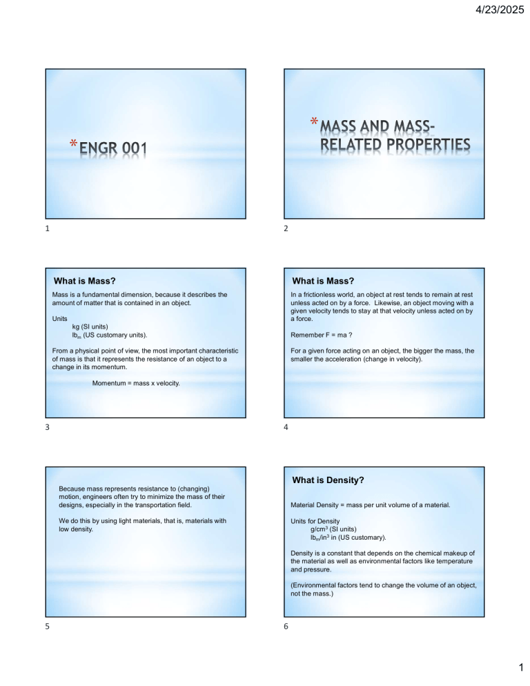 Mass, Density & Specific Gravity in Engineering