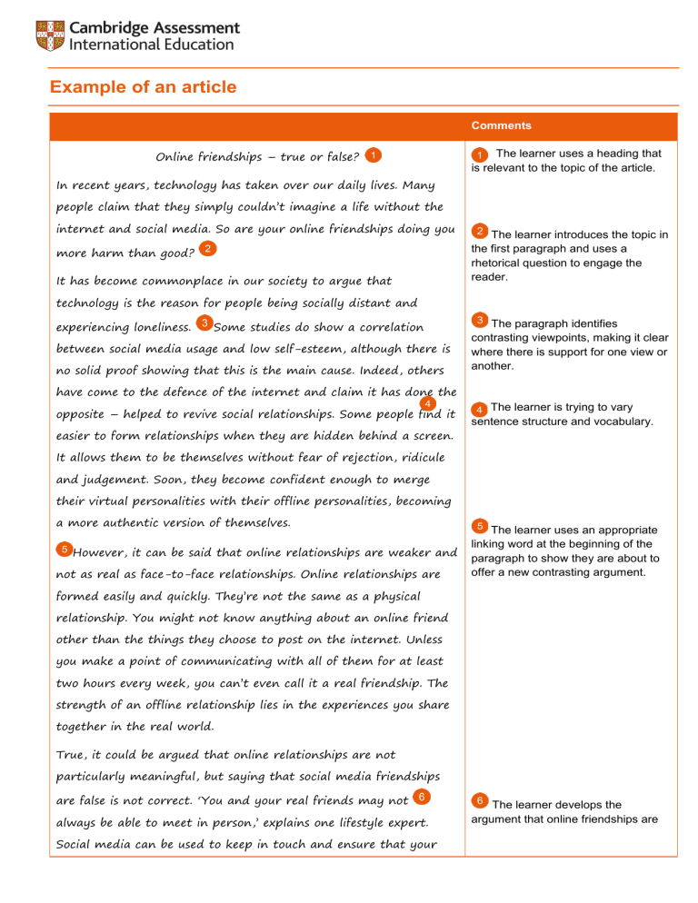 Online Friendships: True or False? Article Example