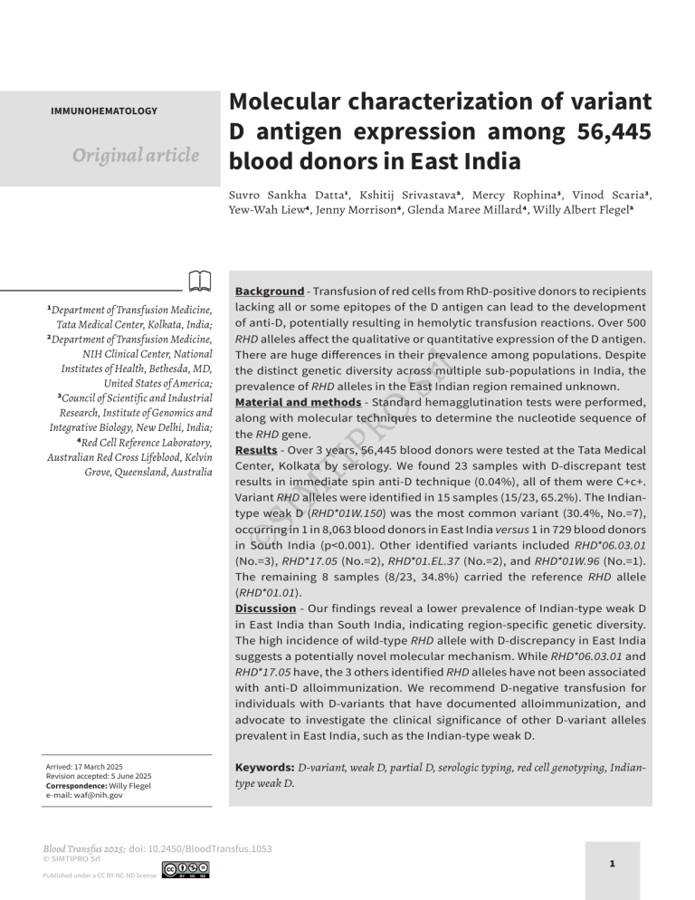 Variant D Antigen in East India: Molecular Characterization