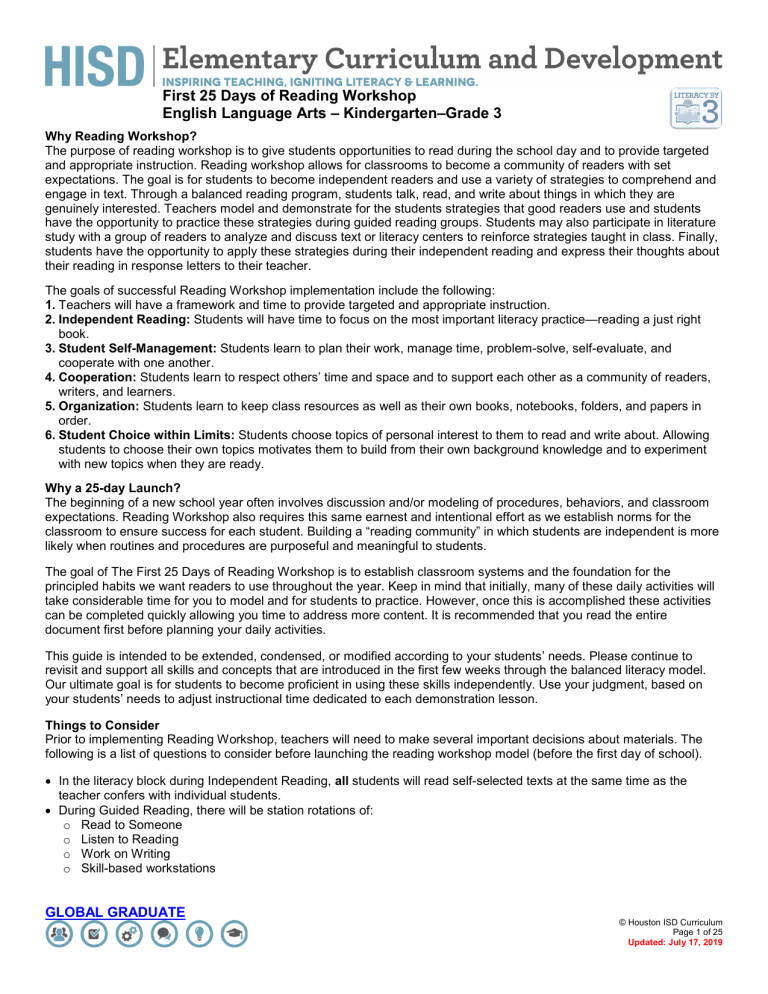 Reading Workshop Launch: K-3 Teacher Guide (First 25 Days)