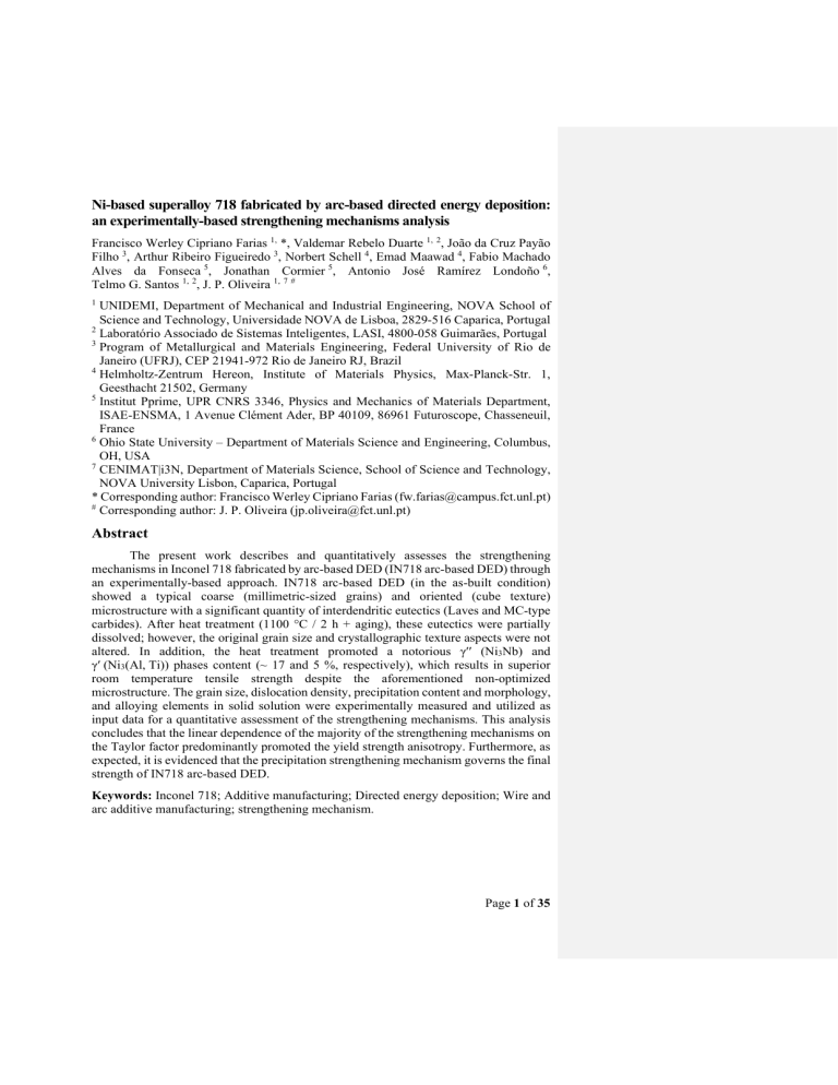 Inconel 718 Arc-DED Strengthening Mechanisms Analysis