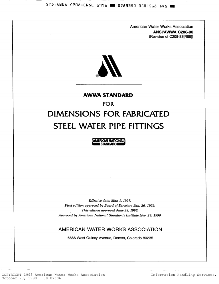 AWWA C208-96: Steel Water Pipe Fittings Dimensions Standard