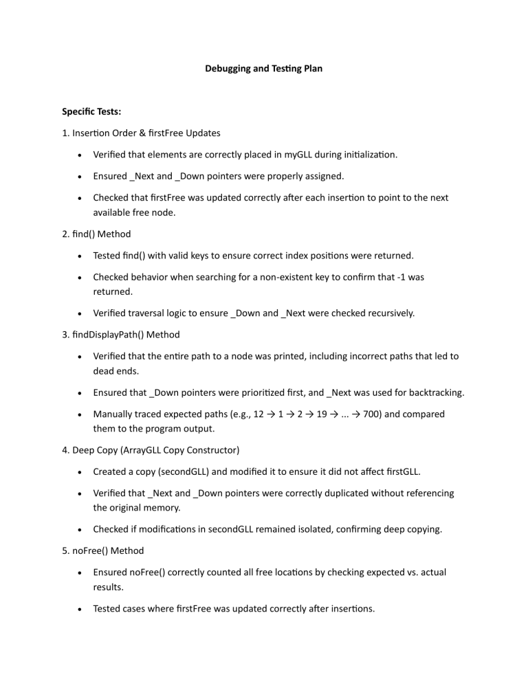 Debugging and Testing Plan for ArrayGLL Data Structure