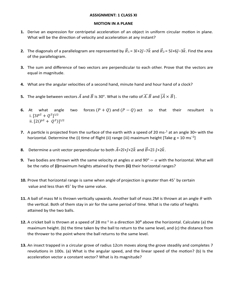 Motion in a Plane Physics Assignment - High School