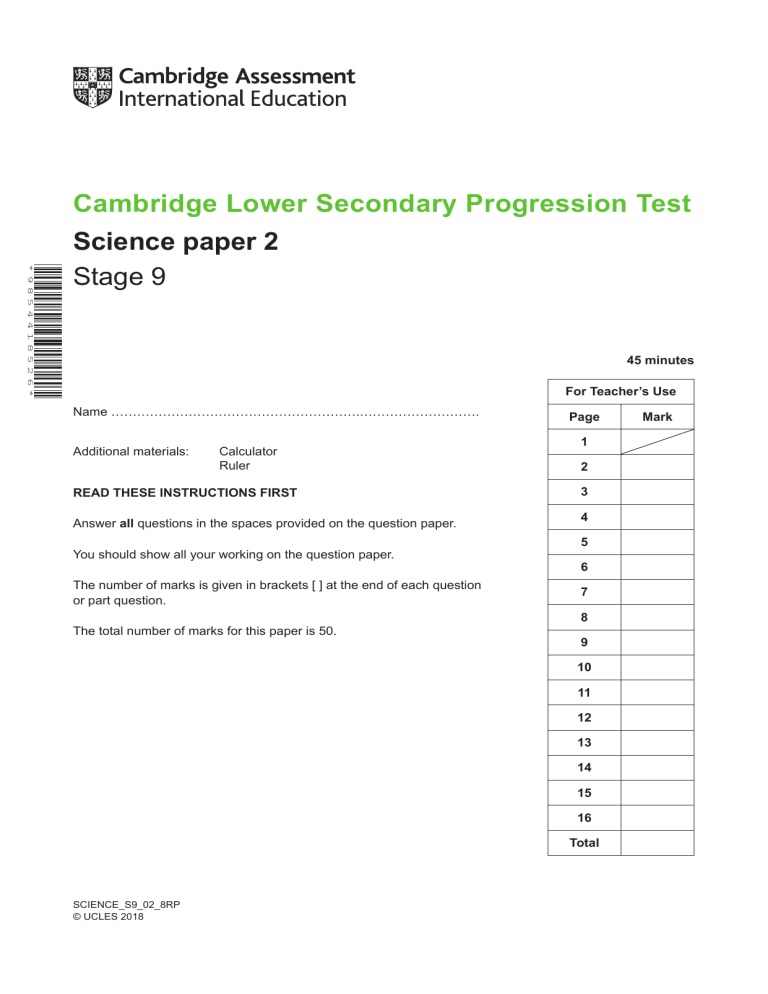 Science Stage 9 Progression Test