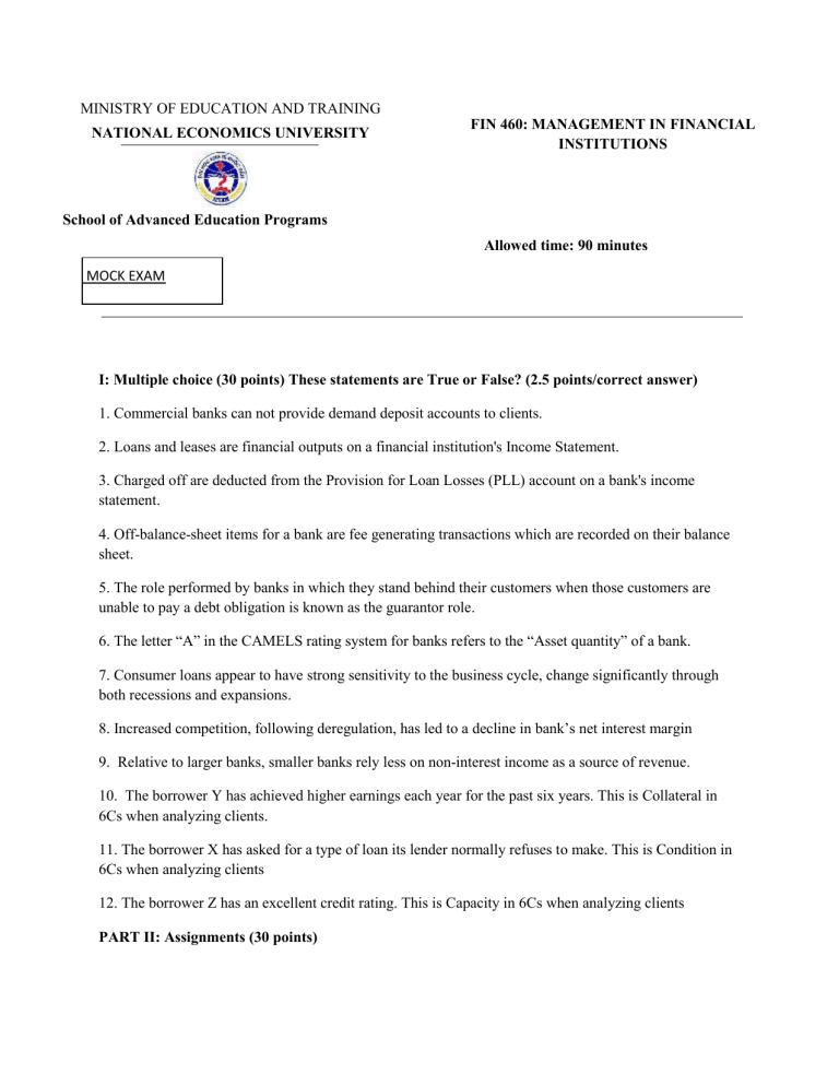 Financial Institutions Management Mock Exam