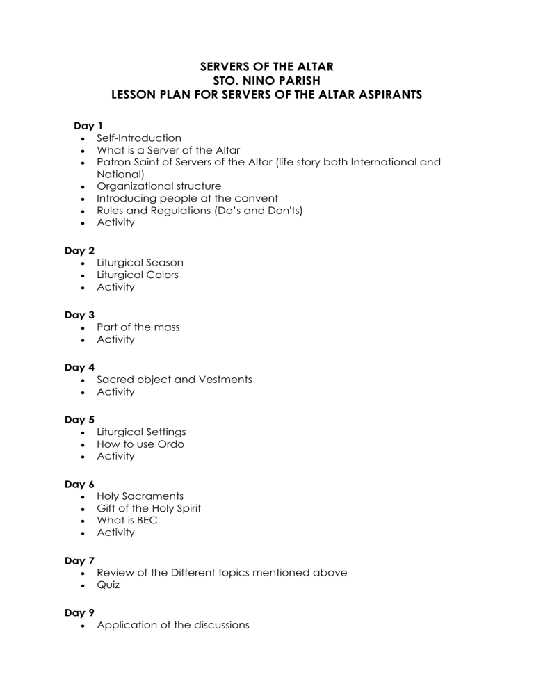 Altar Server Training: Lesson Plan for Aspirants