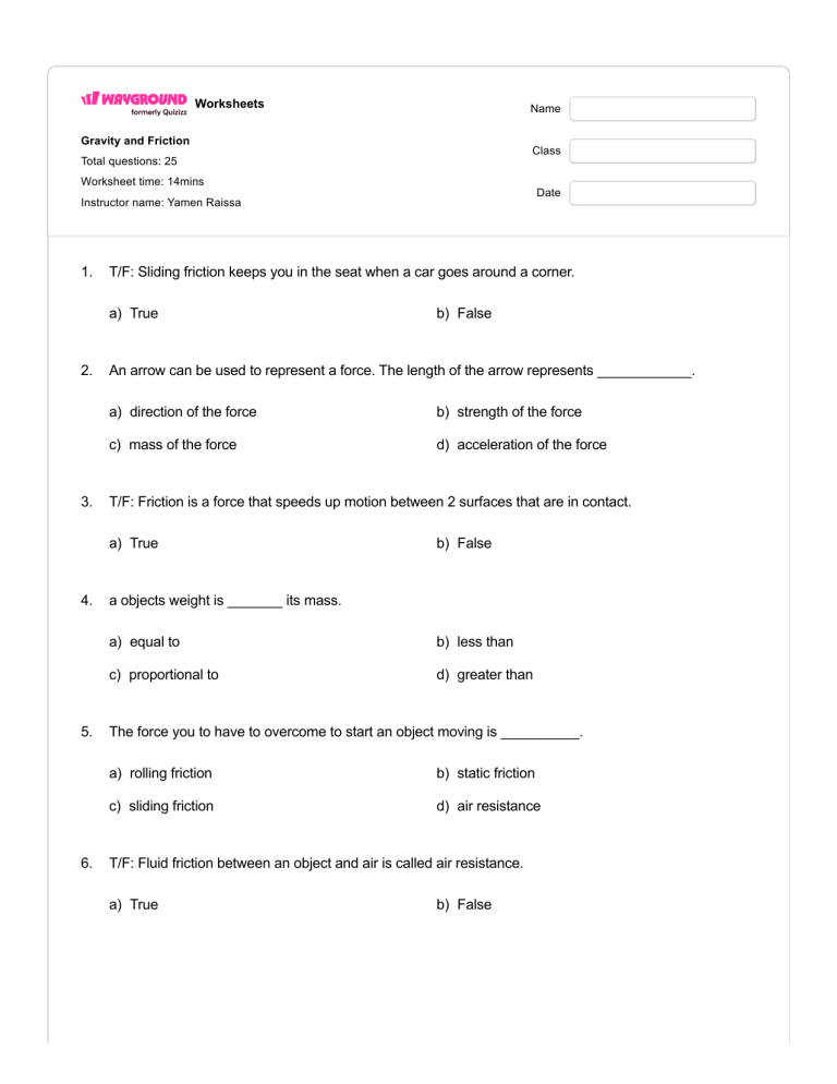 Gravity and Friction Worksheet: Middle School Physics