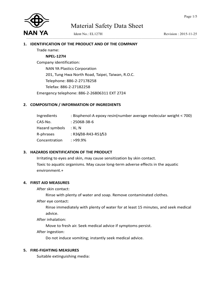 NPEL-127H MSDS: Safety Data Sheet for Epoxy Resin