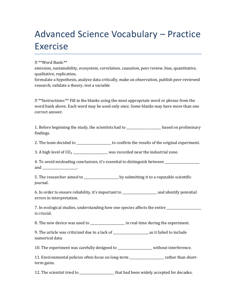 Advanced Science Vocabulary Practice Exercise