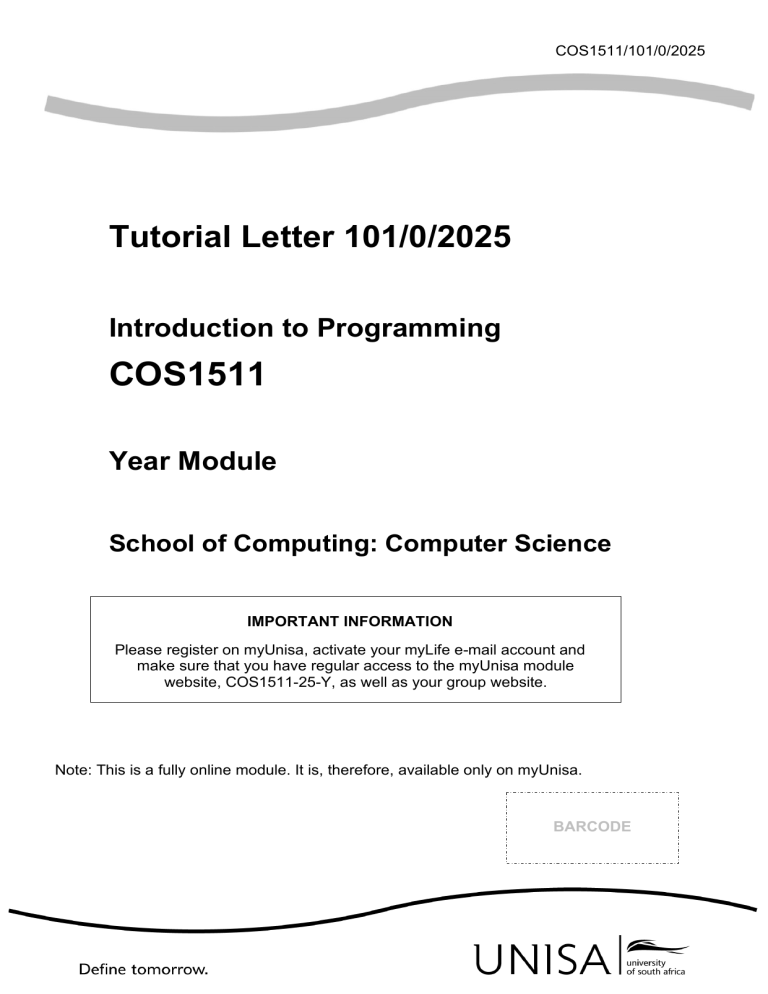 COS1511: Intro to Programming - Unisa Tutorial Letter