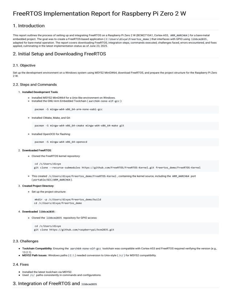 FreeRTOS Raspberry Pi Zero 2 W Implementation Report