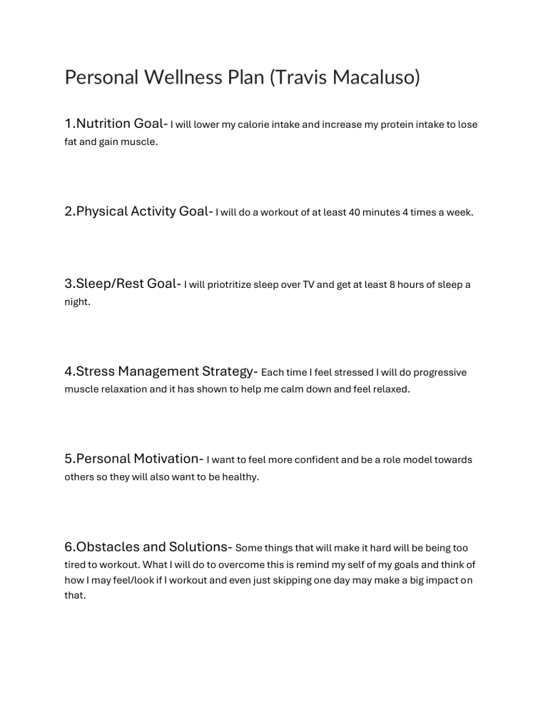 Personal Wellness Plan: Nutrition, Fitness, & Stress Management