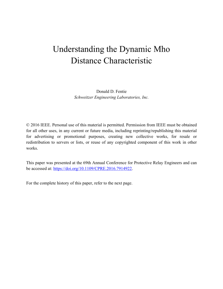 Dynamic Mho Distance Characteristic: Power System Protection