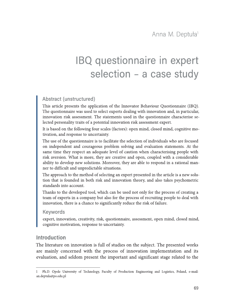 IBQ Questionnaire in Expert Selection: A Case Study