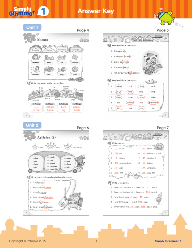 Answer Key: Elementary Grammar Workbook