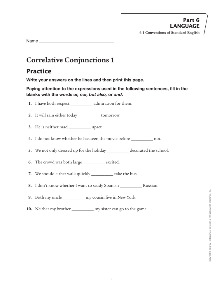 Correlative Conjunctions Worksheet: Grammar Practice