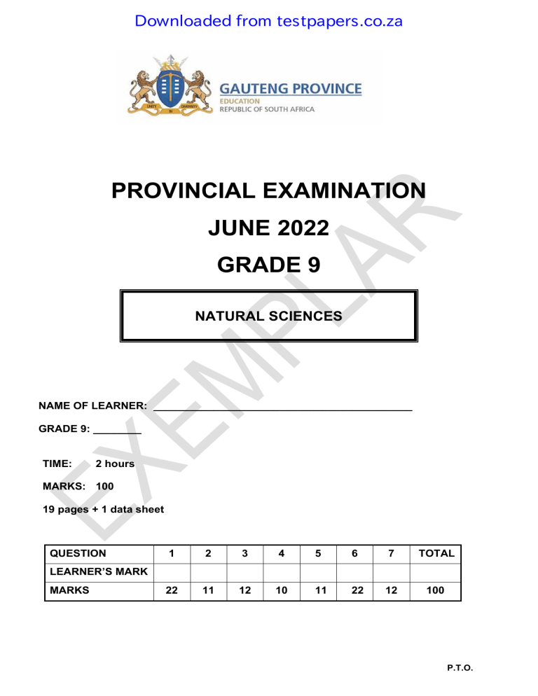 Grade 9 Natural Sciences Exam Paper - June 2022