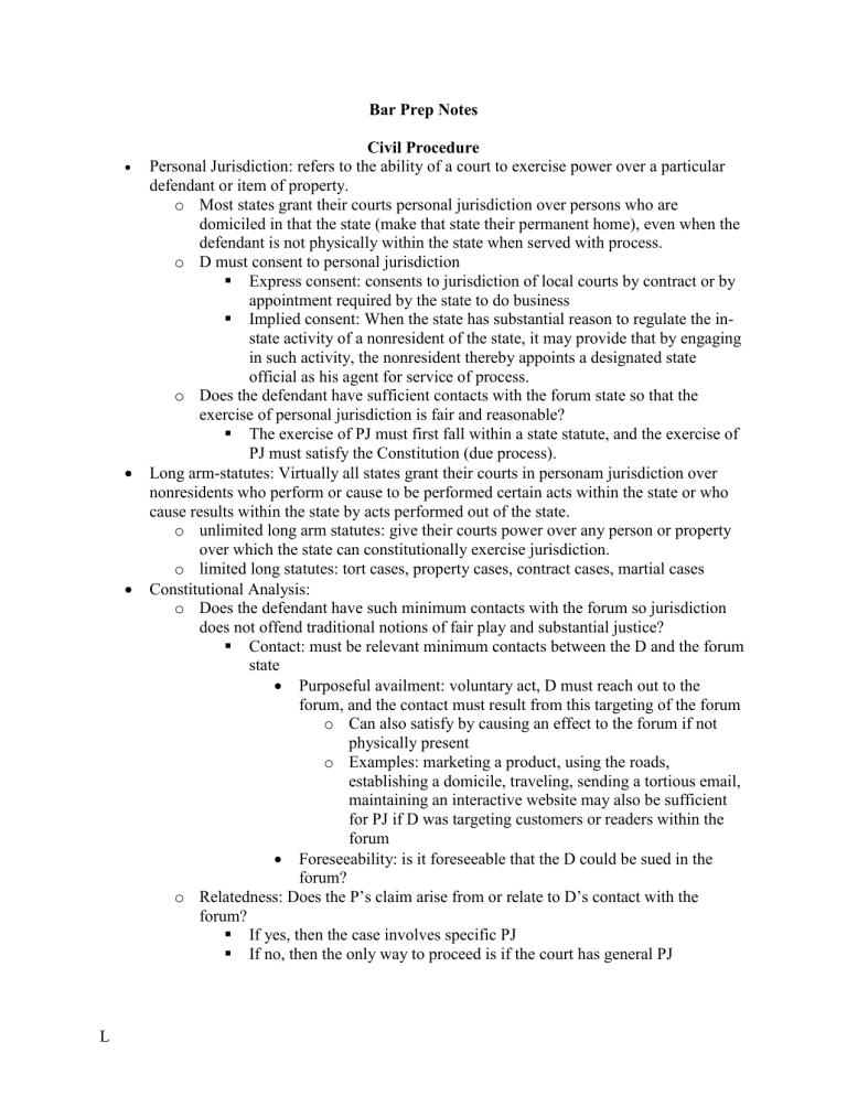 Civil Procedure Bar Prep Notes: Personal Jurisdiction & More
