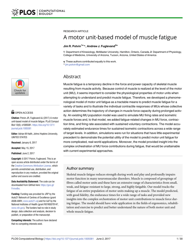 Motor Unit-Based Model of Muscle Fatigue | Computational Biology