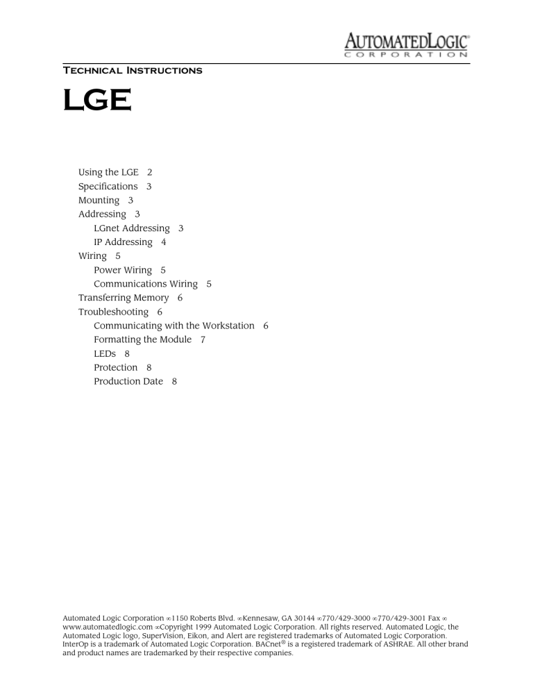 LGE Technical Instructions - Automated Logic