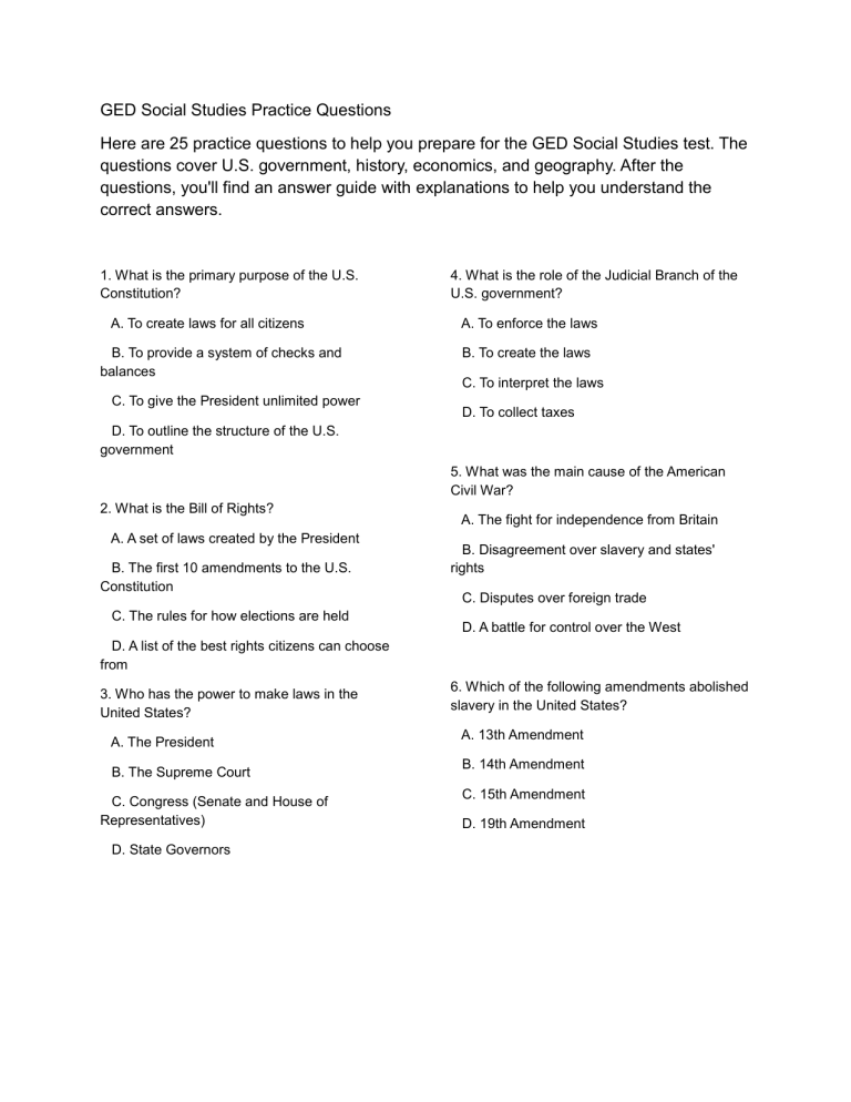 GED Social Studies Practice Questions