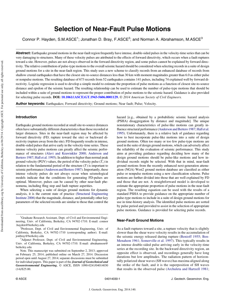 Near-Fault Pulse Motions Selection for Seismic Design