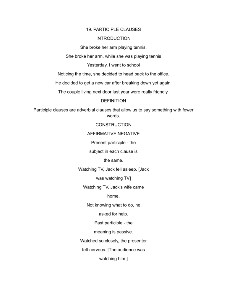 Participle Clauses: Grammar Exercises & Examples