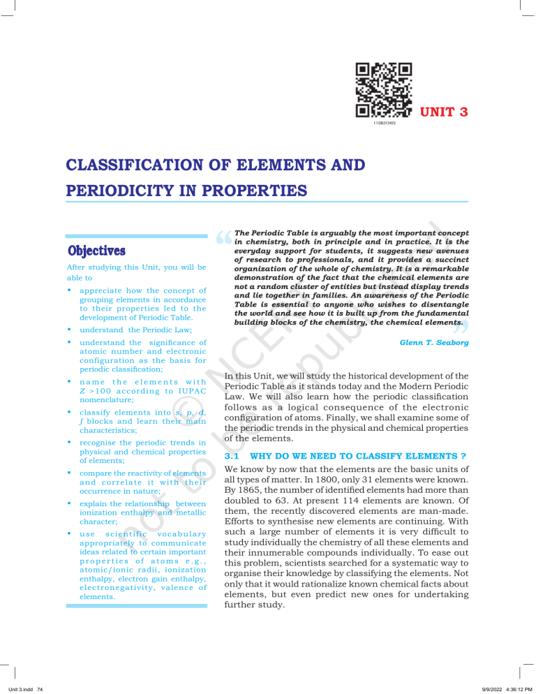 Classification of Elements & Periodicity: Chemistry Textbook