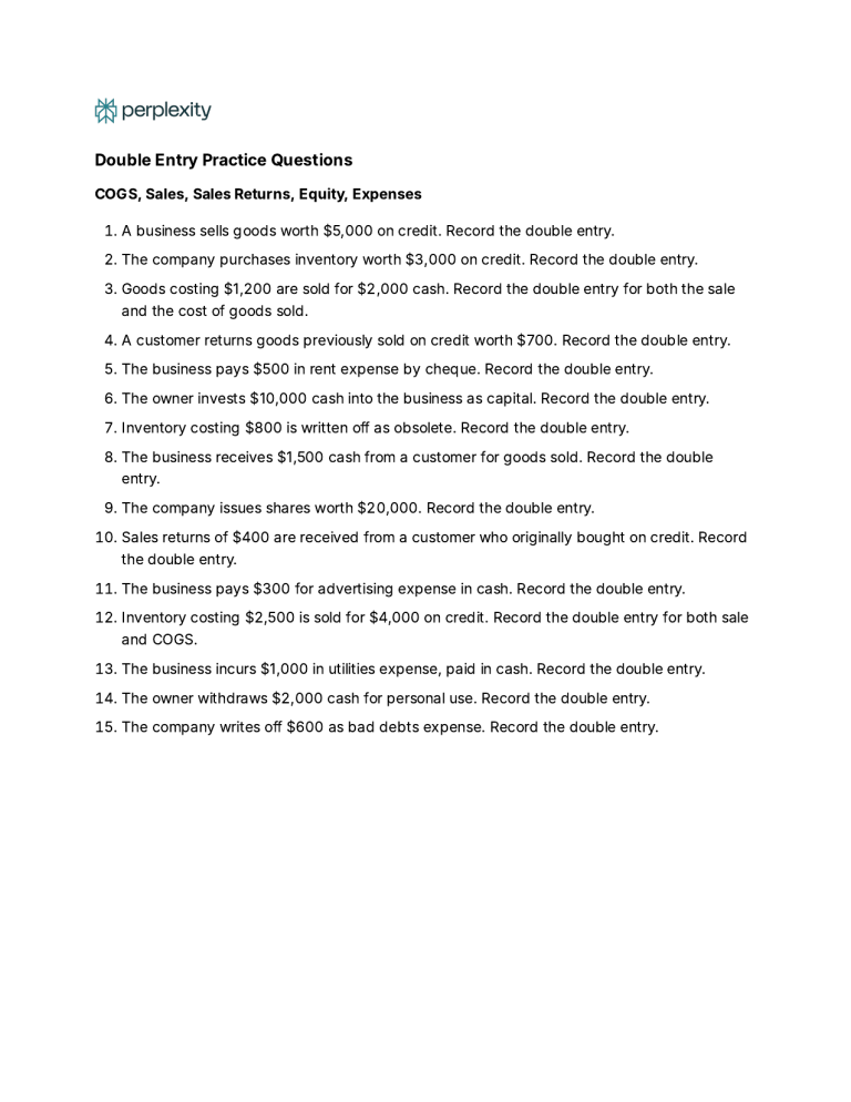 Double Entry Accounting Practice Questions